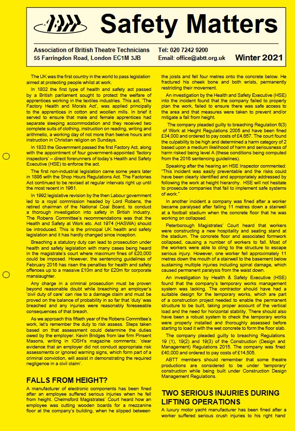 Safety Matters – Winter 2021 - Association of British Theatre Technicians