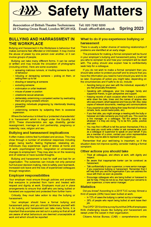 Safety Matters - Spring 2023 - Association of British Theatre Technicians