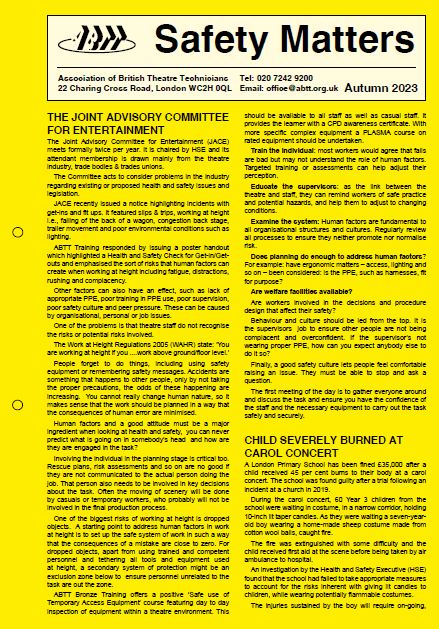 Safety Matters - Autumn 2023 - Association of British Theatre Technicians