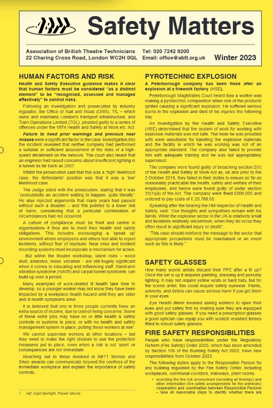 Safety Matters - Winter 2023 - Association of British Theatre Technicians
