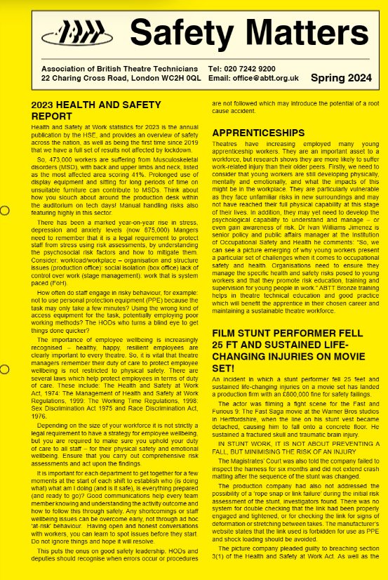 Safety Matters - Spring 2024 - Association of British Theatre Technicians